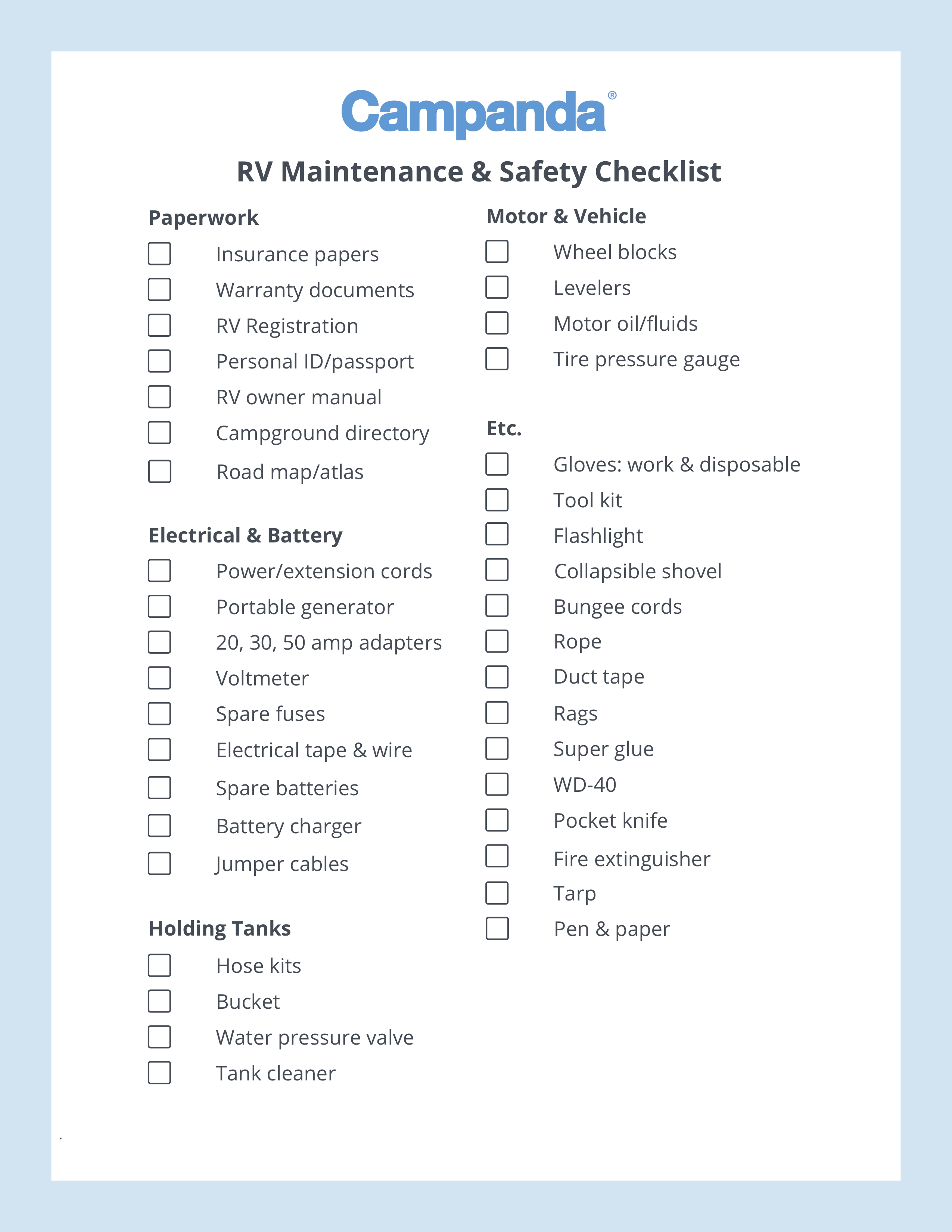 Free Printable Rv Departure Checklist Free Printable Rv Departure Checklist